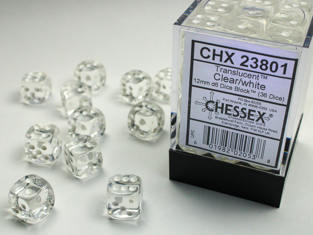 Chessex: 12mm d6 Dice Block - Translucent with Clear/White